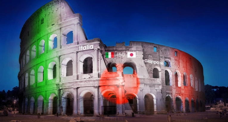 Lighted colosseum. Commemorating the 150th anniversary of diplomatic ...
